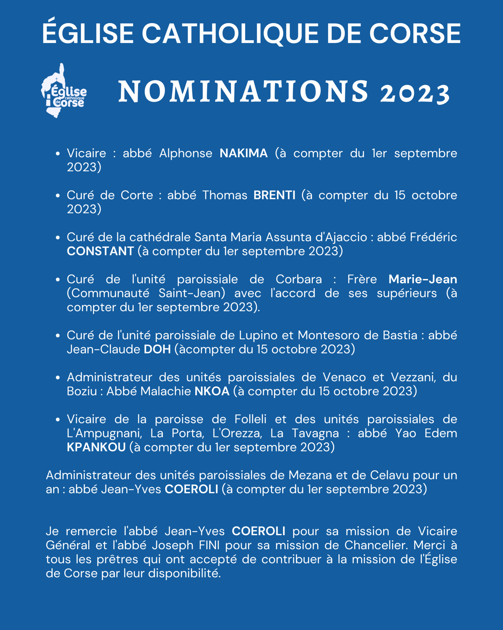 Corse : nominations et nouveau vicaire général - Riposte-catholique