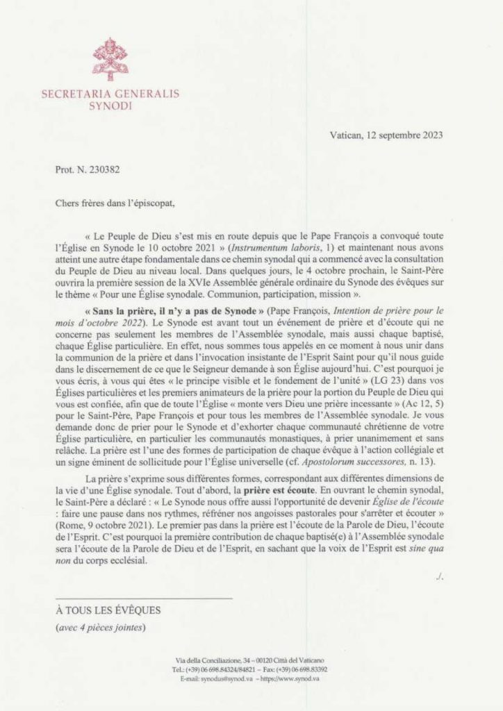 Synode : lettre du cardinal Grech aux évêques - Riposte-catholique